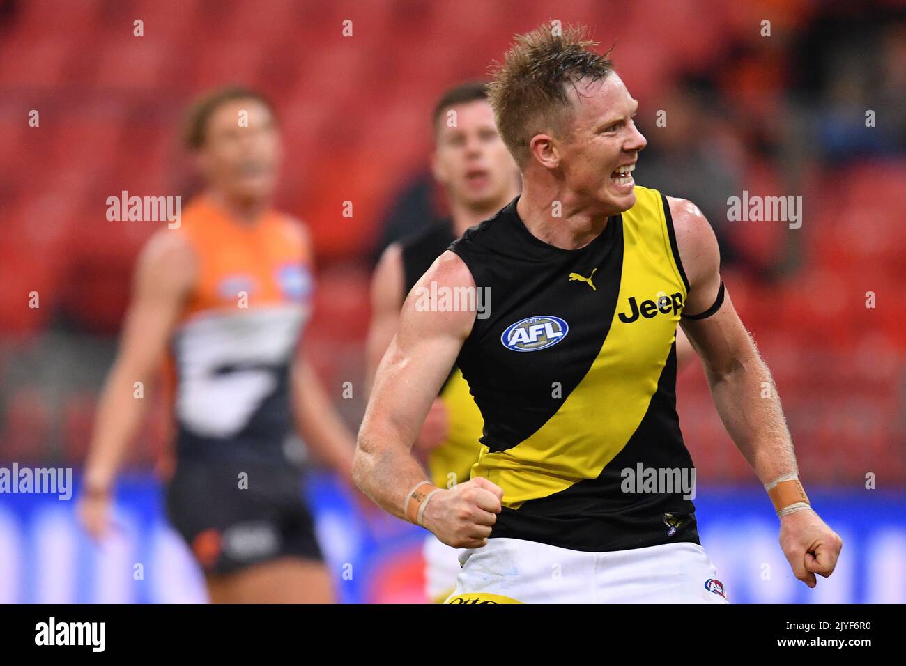 Jack Riewoldt of the Tigers celebrates his goal during the Round 8 AFL ...
