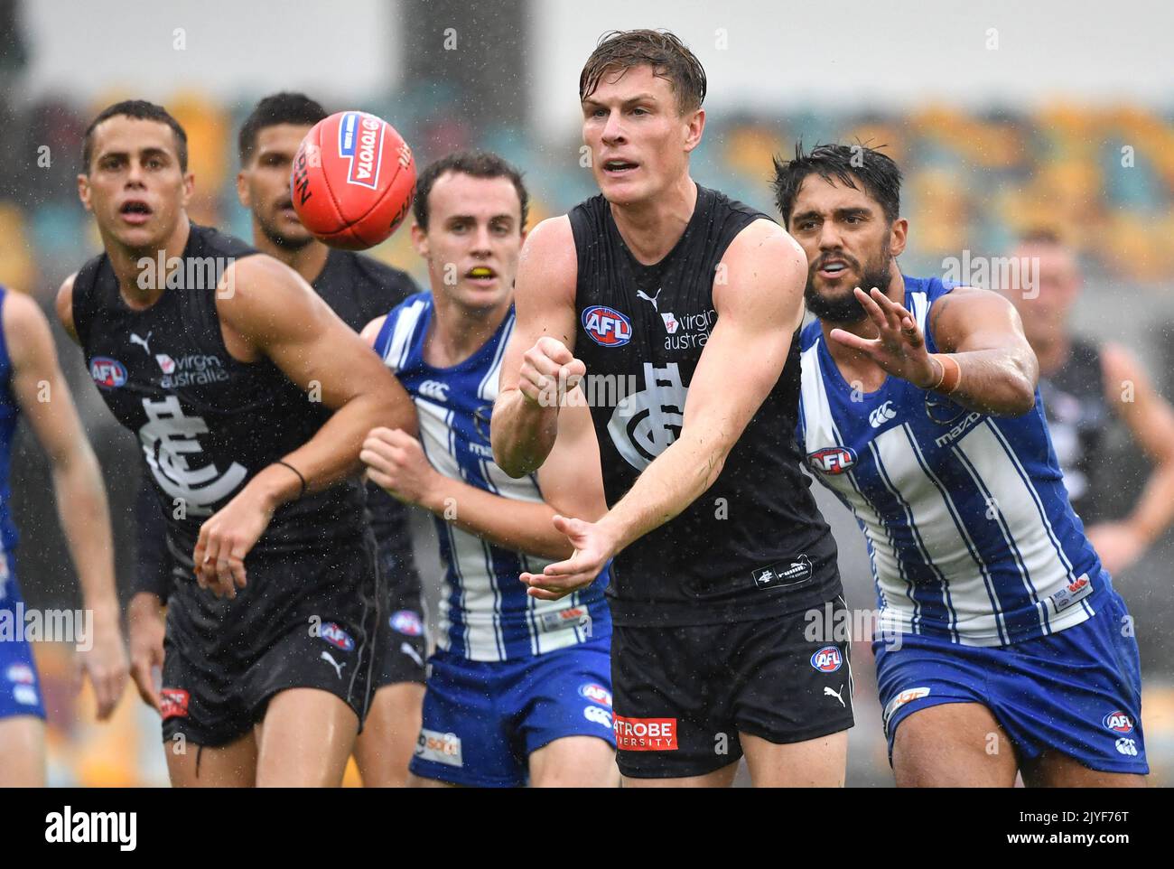 Jack Newnes (centre) of the Blues in action during the Round 8 AFL ...