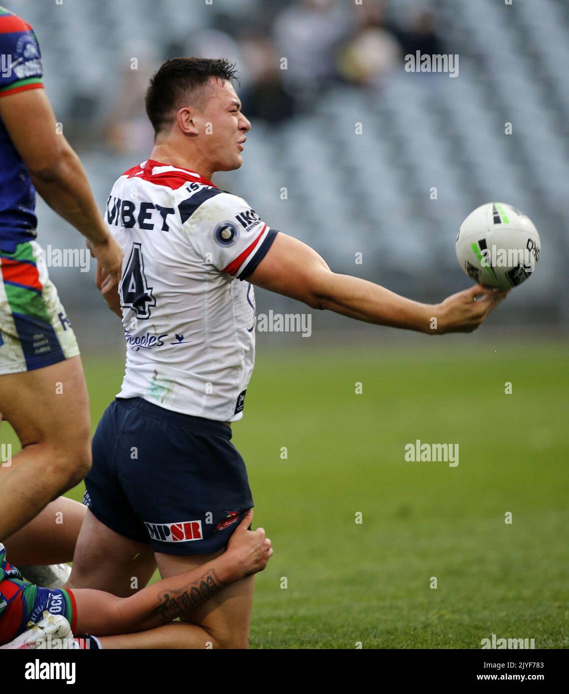 Joseph Manu of the Roosters scores a second half try during the Round ...