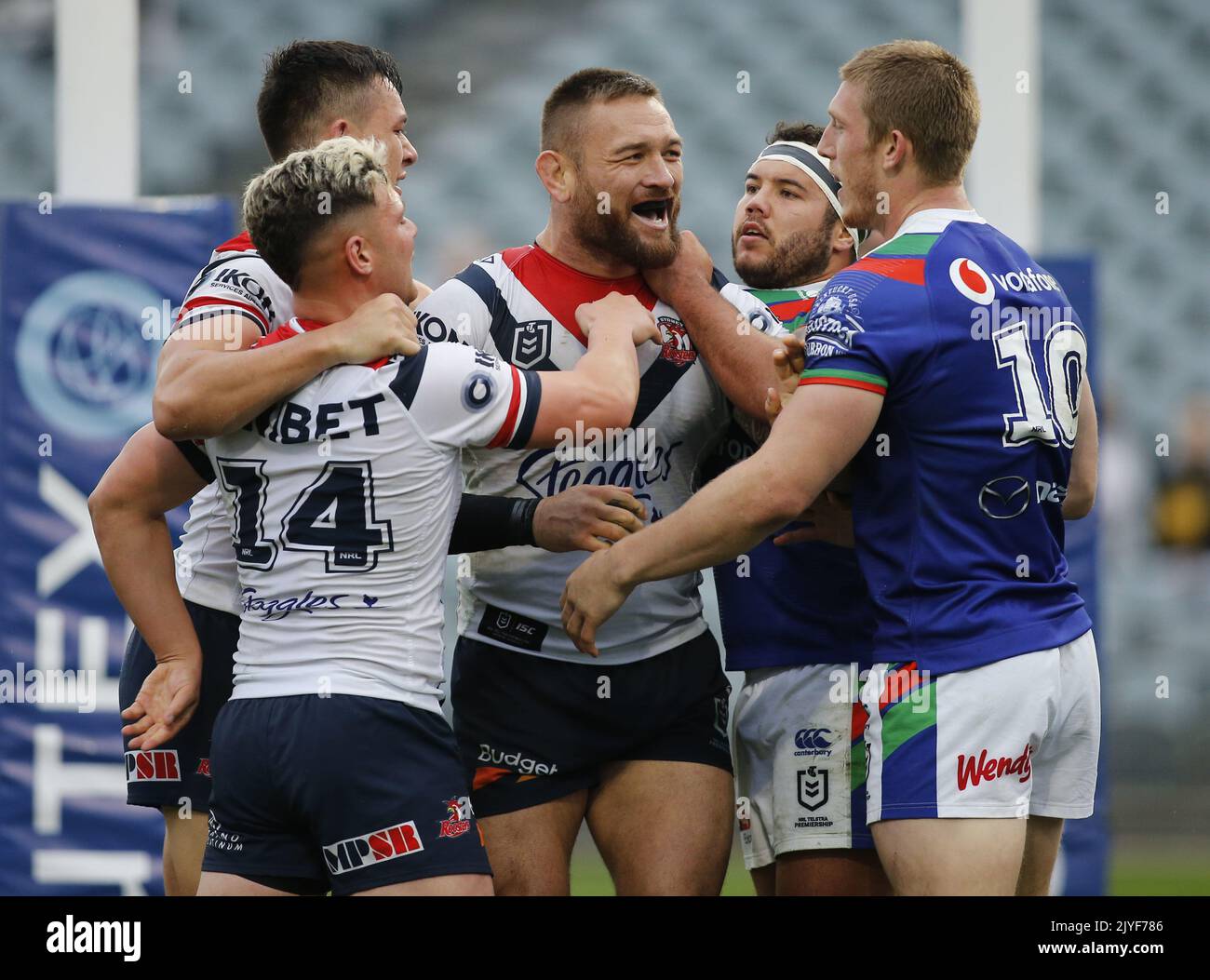 Jared Waerea-Hargreave of the Roosters hassles Jack Hetherington of the ...