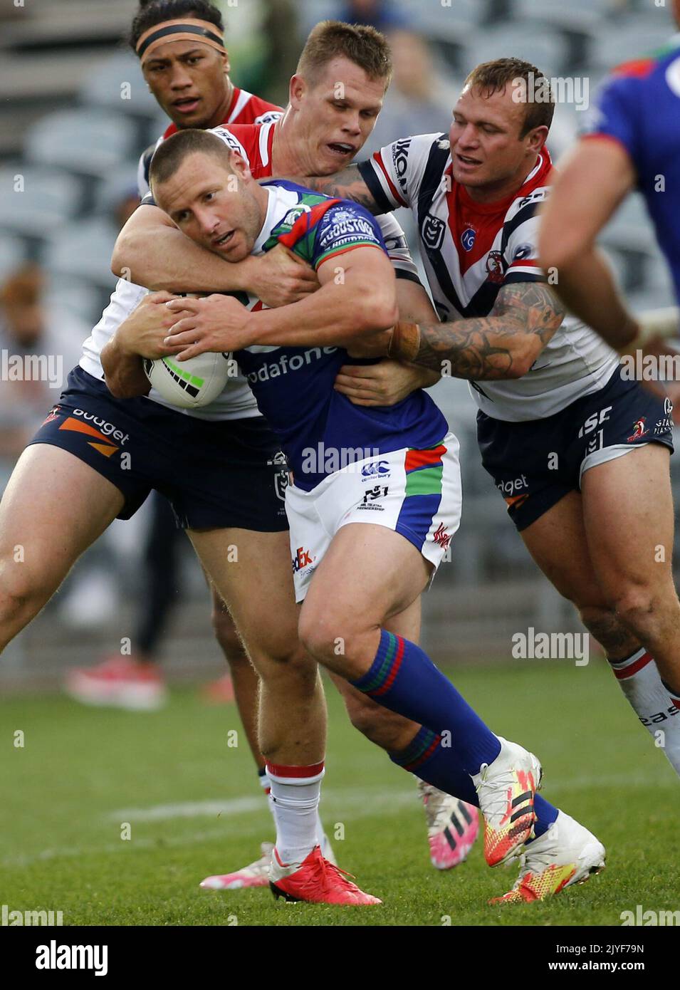Blake Green of the Warriors is tackled during the Round 11 NRL match ...