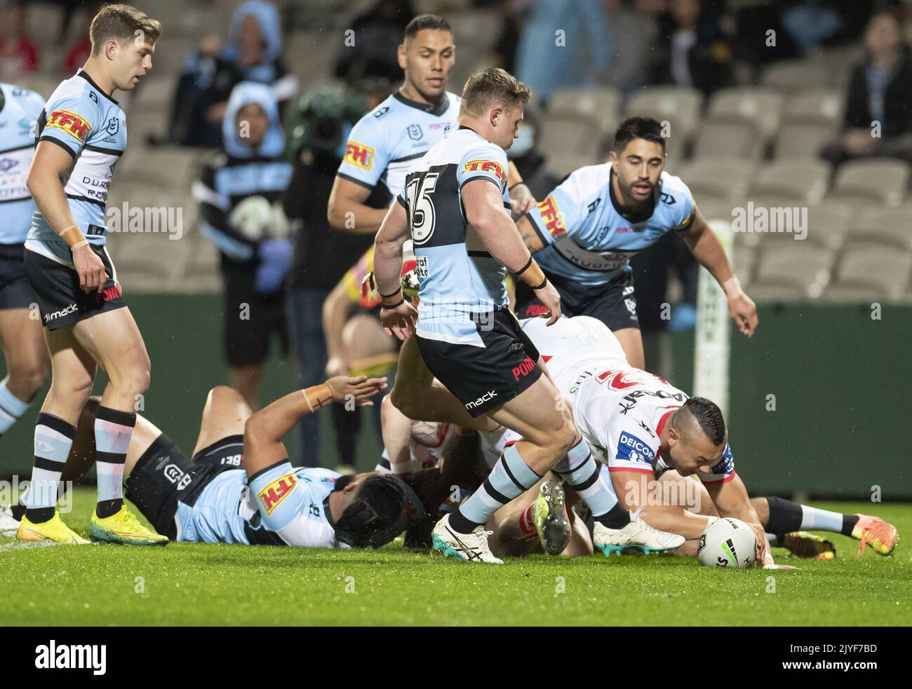 Tyrell Fuimaono of the Dragons scores during the Round 11 NRL match ...