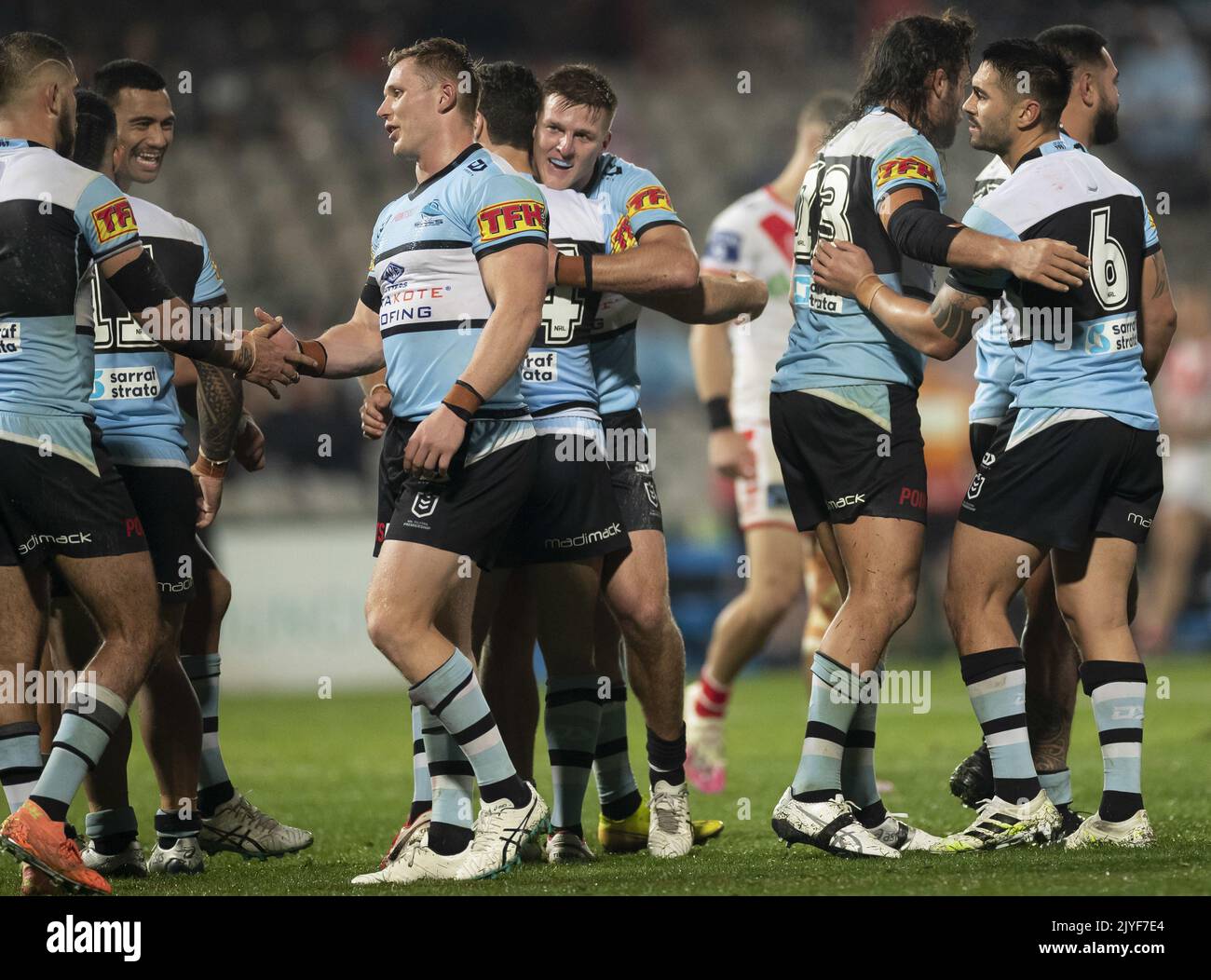 Cronulla Sutherland Sharks celebrate at full time after the Round 11 ...