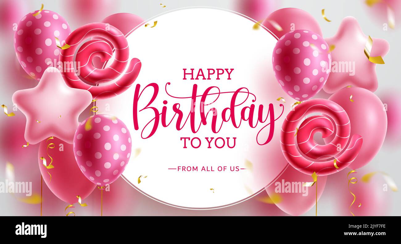 Birthday party vector template design. Happy birthday greeting text in circle space with pink ...