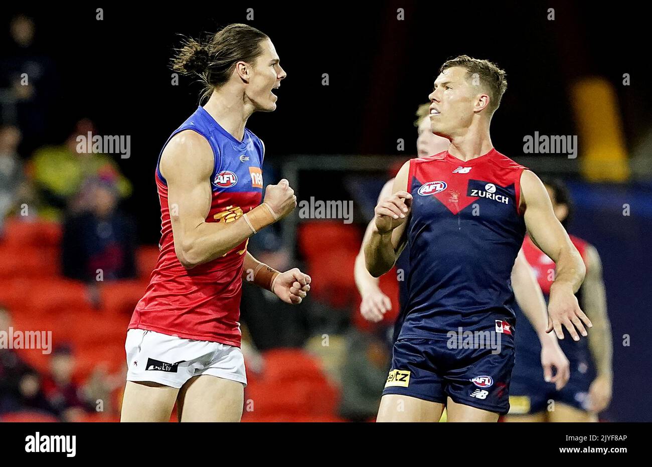Eric Hipwood of the Lions celebrates after kicking a goal during the ...