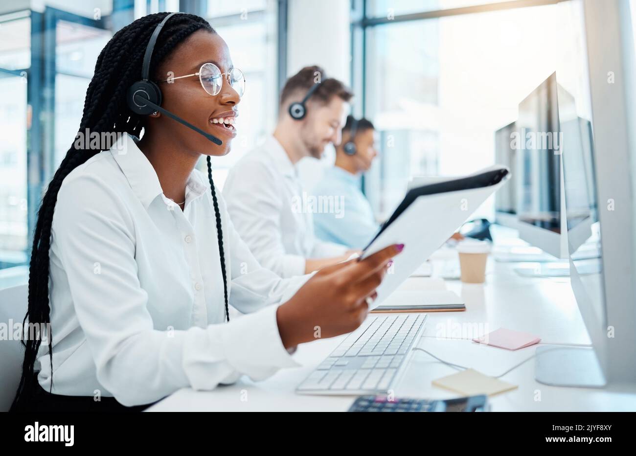 Contact us, customer support and happy call center consultant working ...