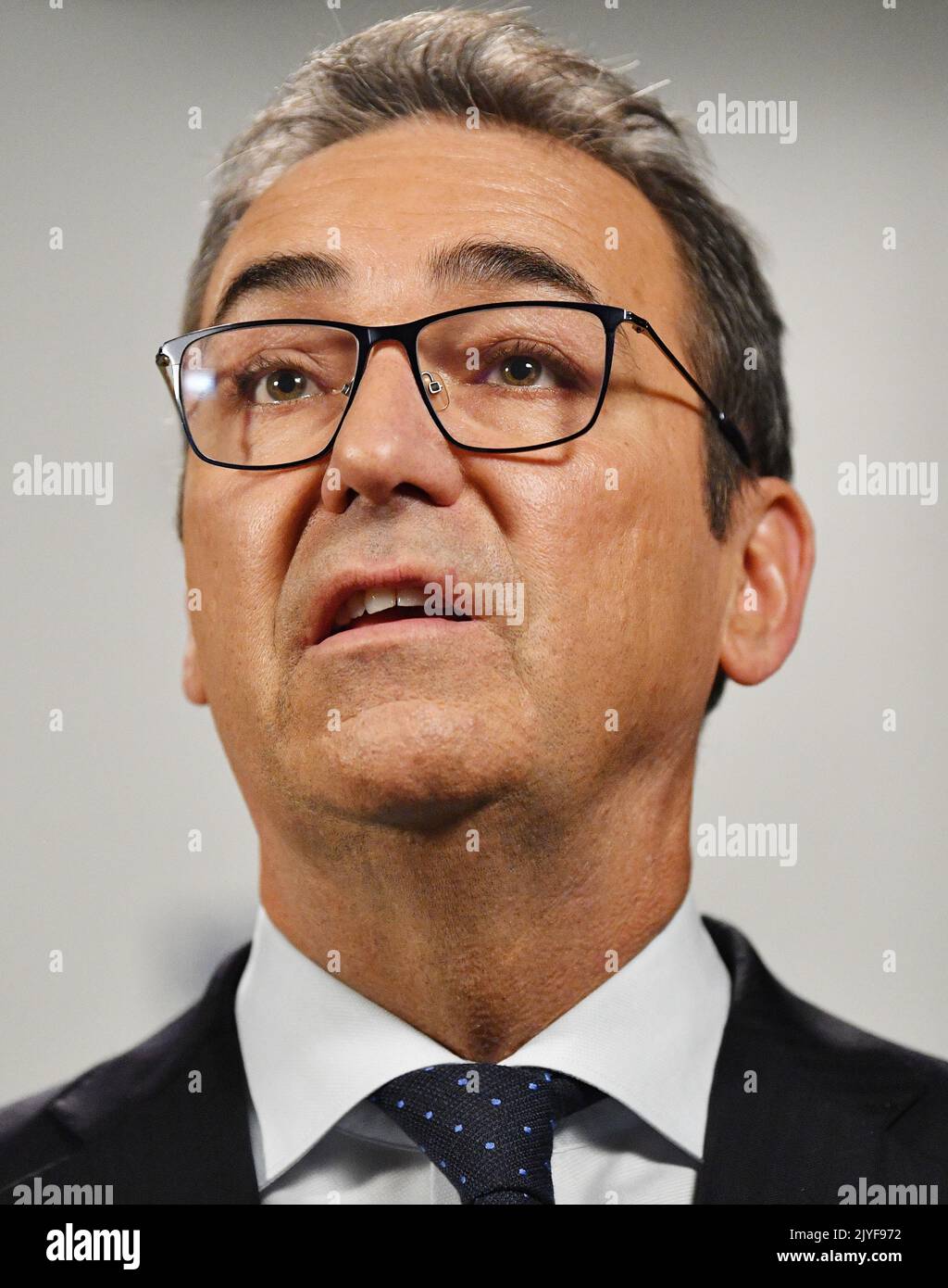 South Australian Premier Steven Marshall speaks to the media at the ...
