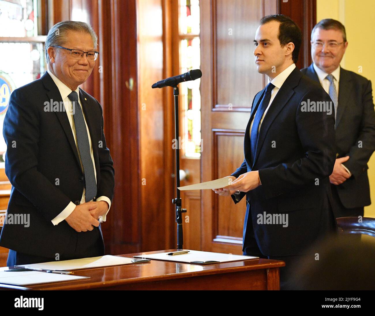 Governor Hieu Van Le and Liberal MP Vincent Tarzia at a swearing-in ...
