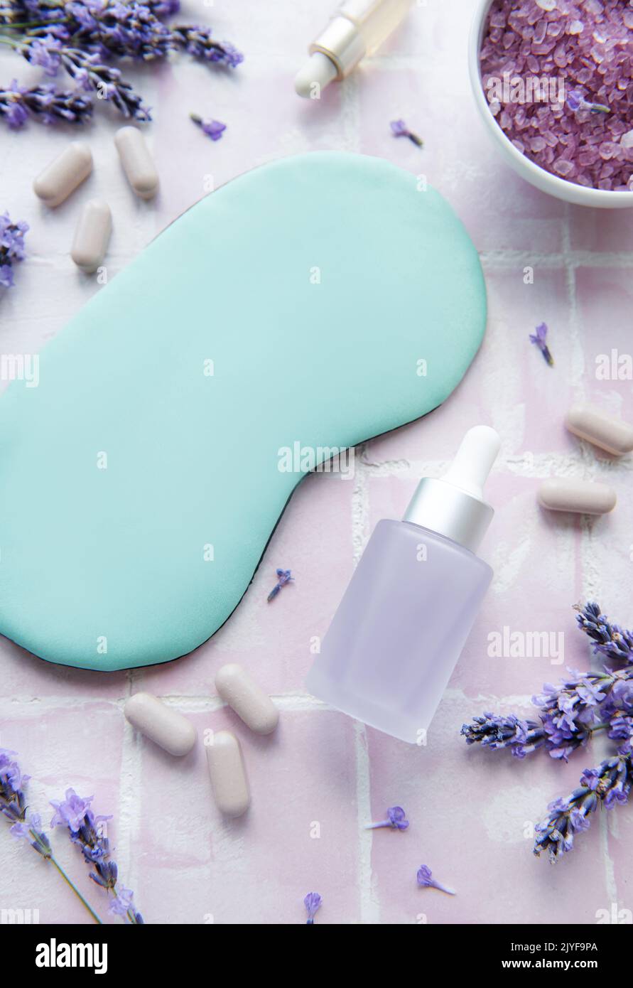 Healthy night sleep concept. Sleep mask and lavender products for ...