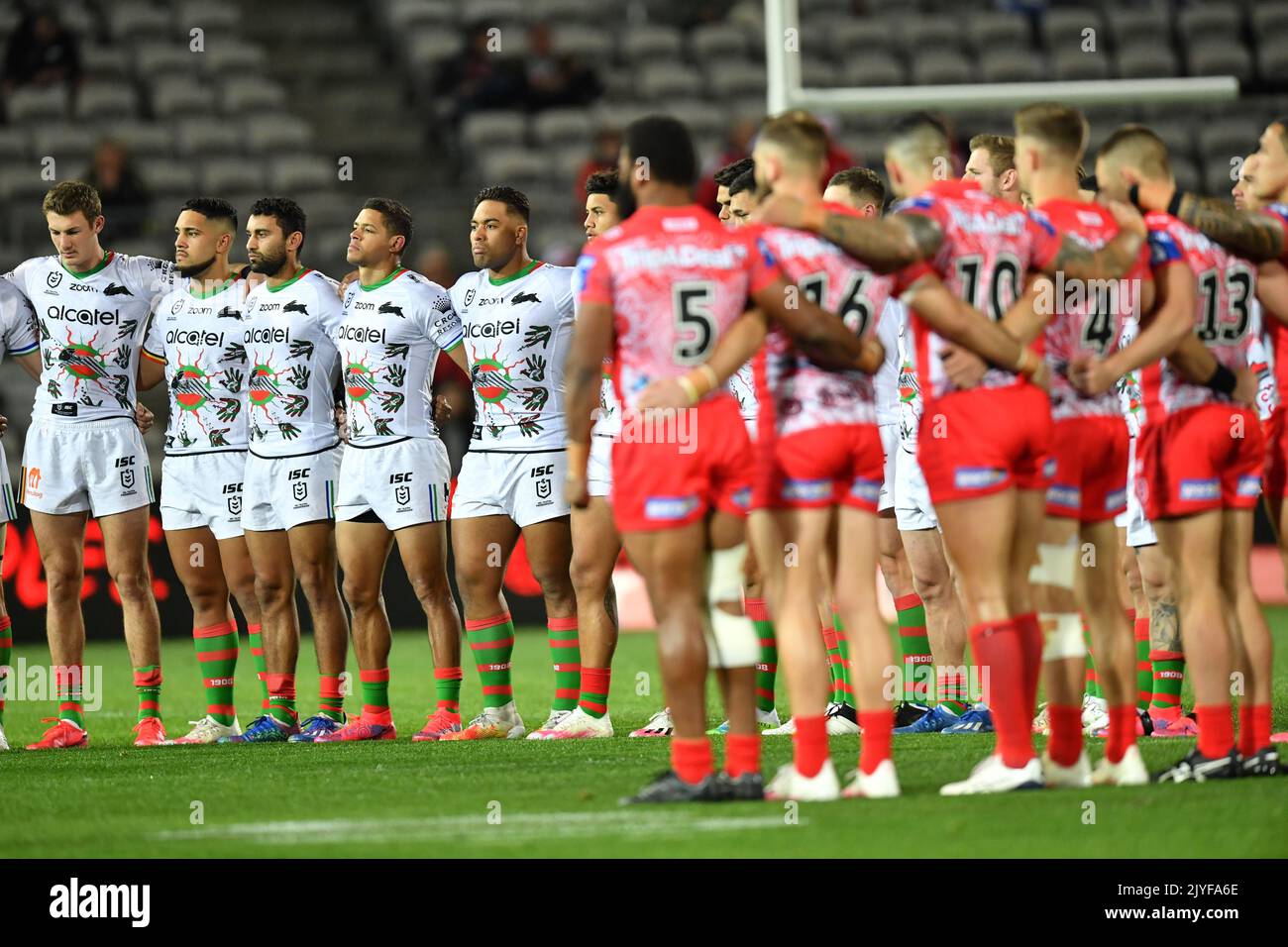 The Dragons and the Rabbitohs line up during the Round 12 NRL match ...