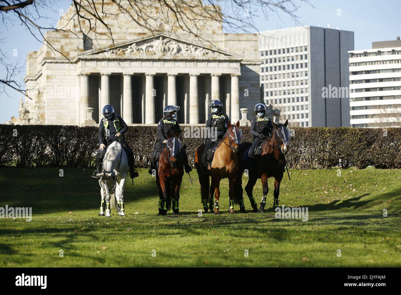 Police are seen at the Shrine of Remembrance in Melbourne, Tuesday ...