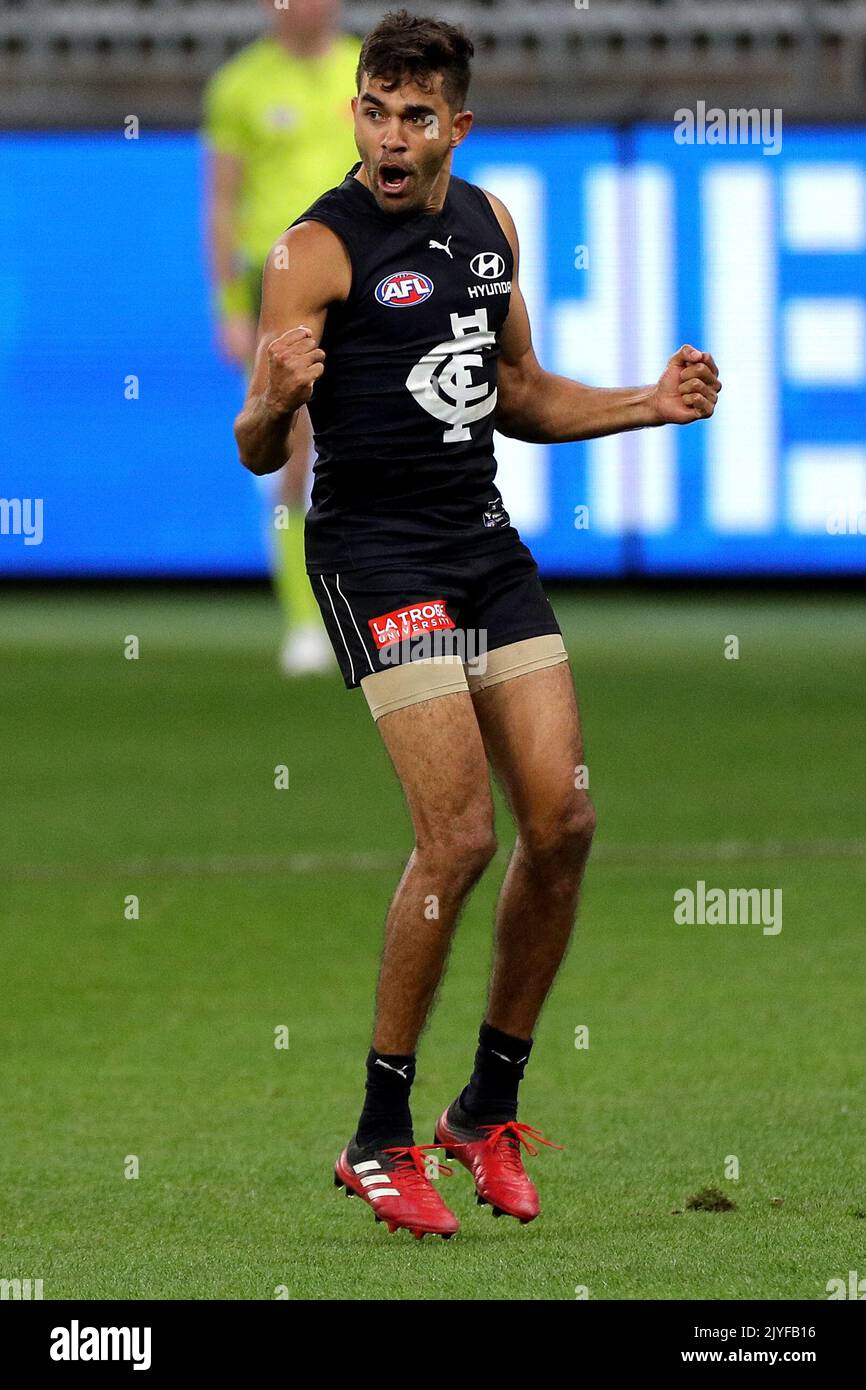 Jack Martin of the Blues celebrates after kicking a goal during the ...