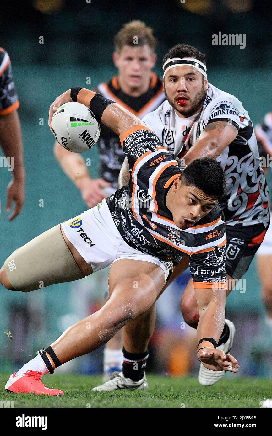 Shawn Blore of the Tigers is tackled by Jazz Tevaga of the Warriors ...