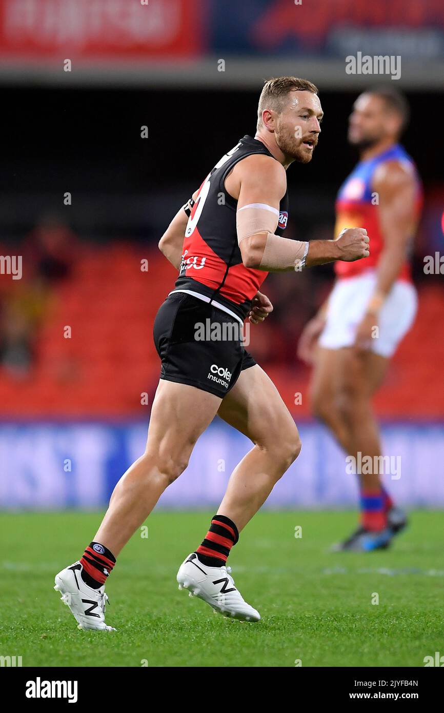 Devon Smith of the Bombers celebrates kicking a goal during the Round 9 ...