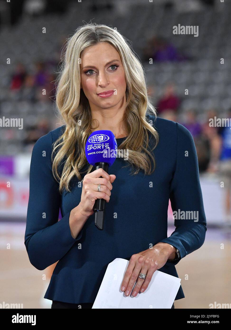 Channel Nine Netball commentator Laura Geitz is seen during the Round 1 ...