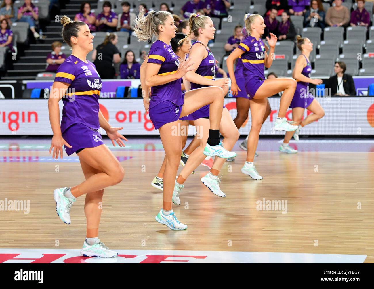 Firebirds players are seen warming up before the Round 1 Super Netball ...