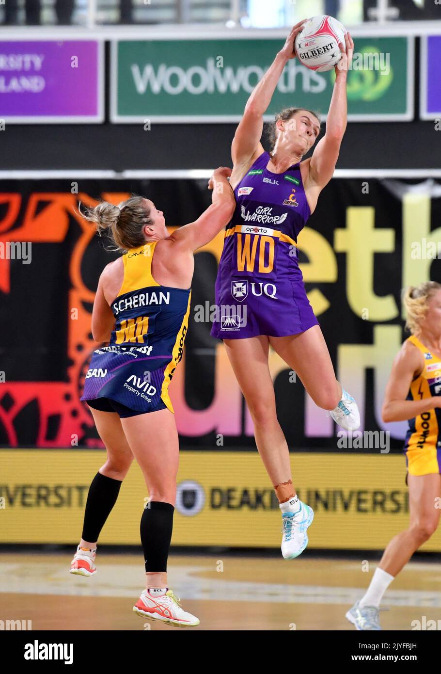 Gabi Simpson (right) of the Firebirds in action during the Round 1 ...
