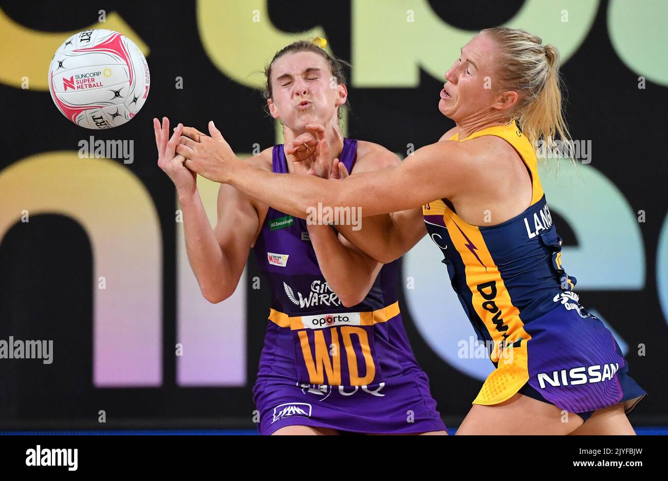 Gabi Simpson (left) of the Firebirds contests for the ball against ...