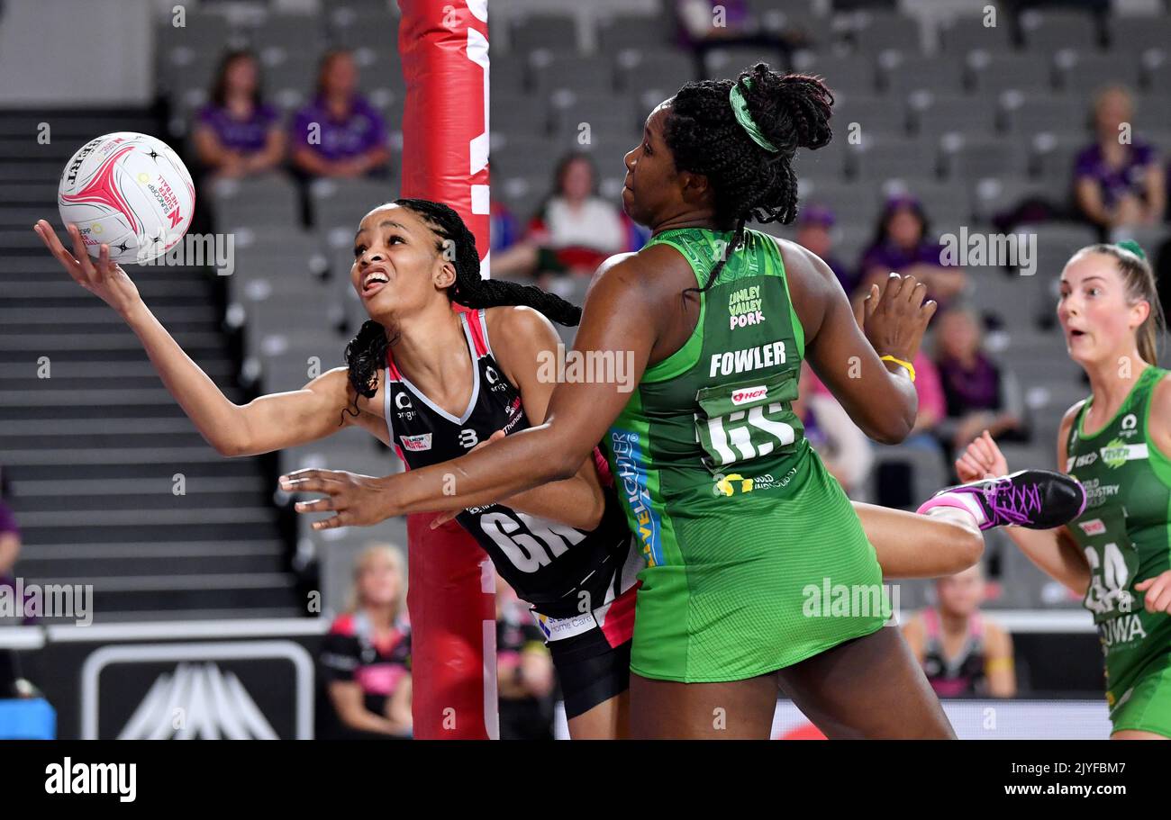 Shamera Sterling (left) of the Thunderbirds contests for the ball ...