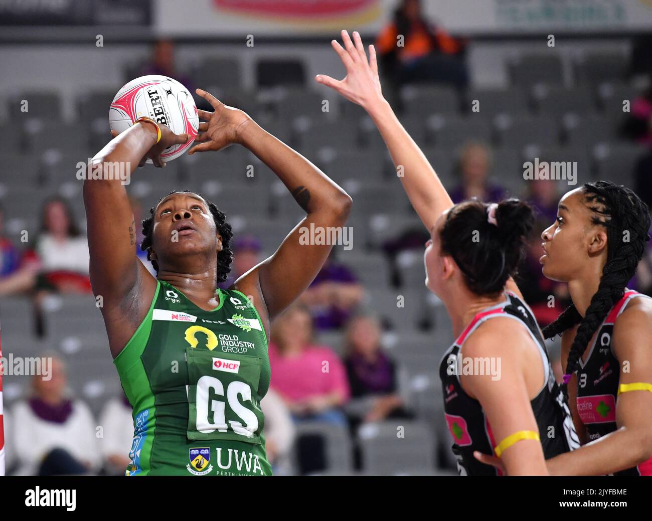 Jhaniele Fowler (left) of the Fever shoots for goal during the Round 1 ...