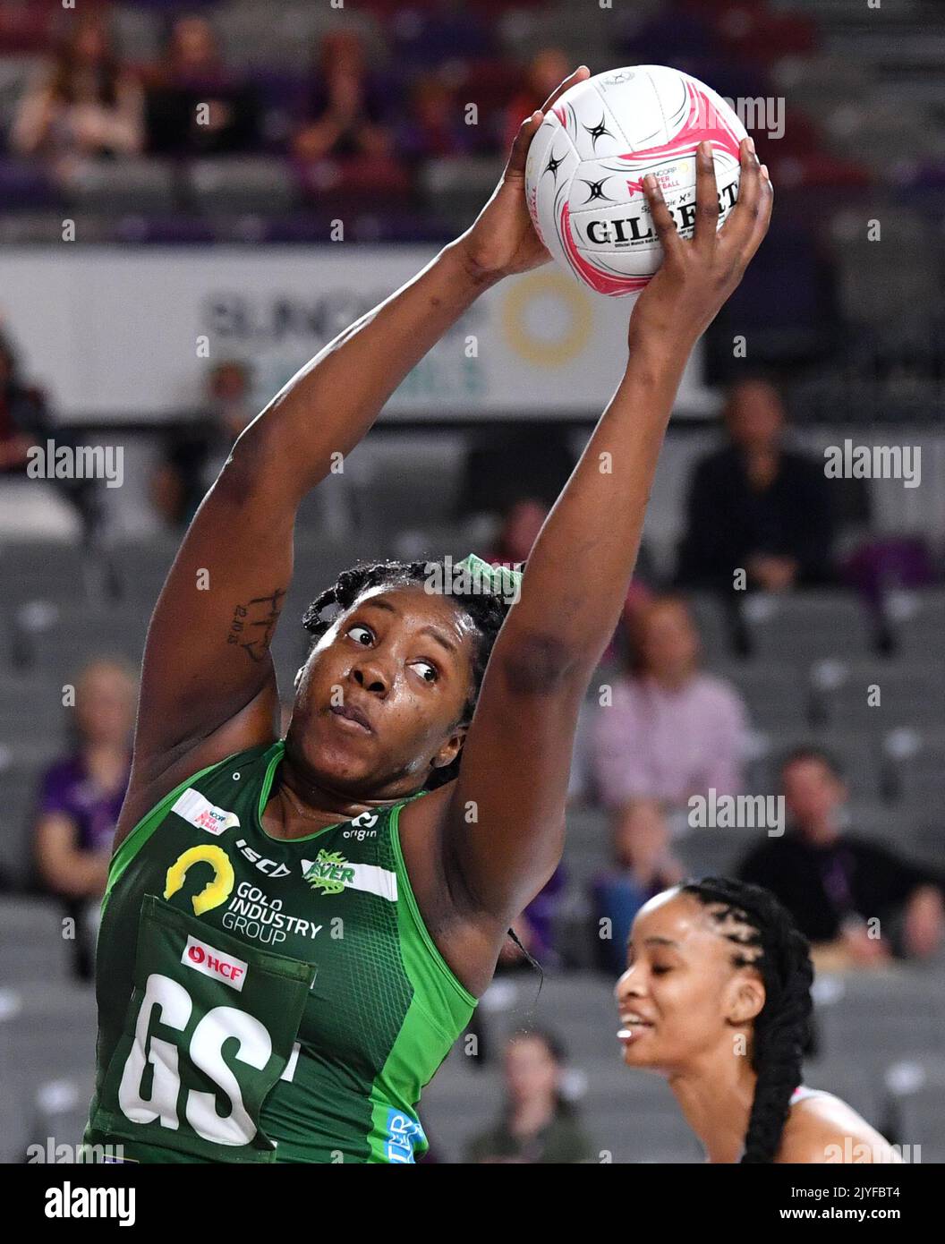 Jhaniele Fowler of the Fever in action during the Round 1 Super Netball ...