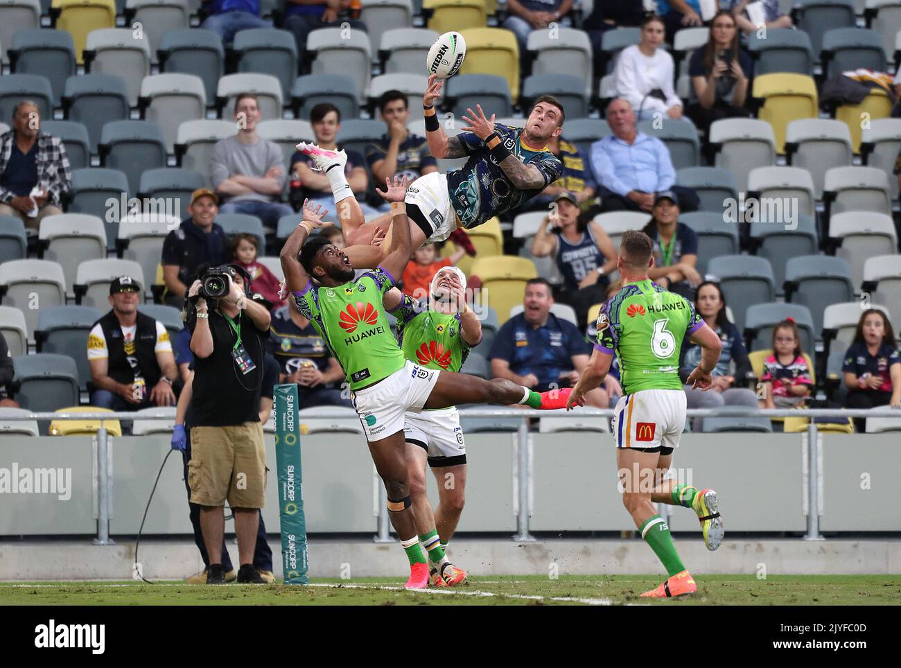 Kyle Feldt of the Cowboys contests the ball during the Round 12 NRL ...