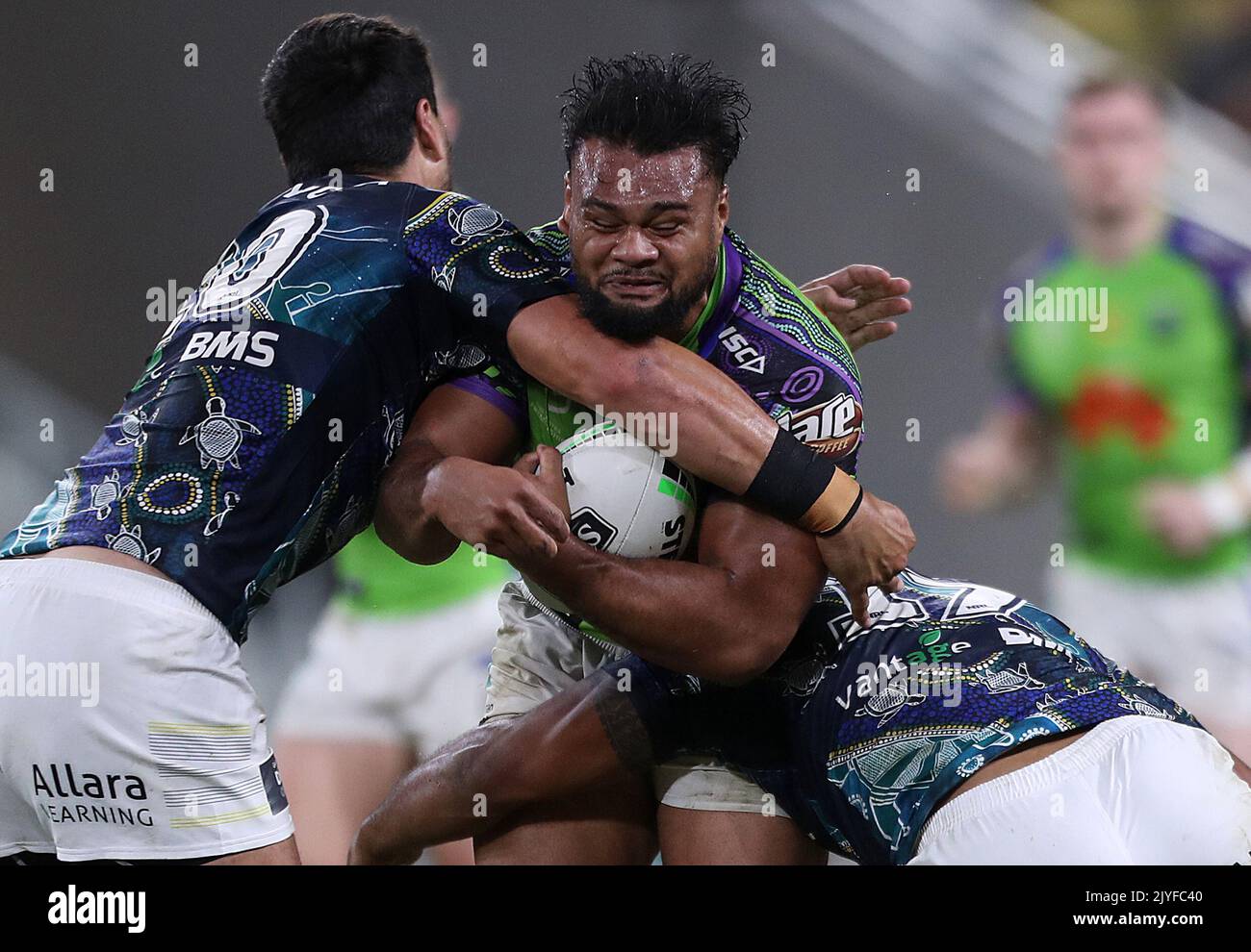 Dunamis Lui of the Raiders takes the ball up during the Round 12 NRL ...