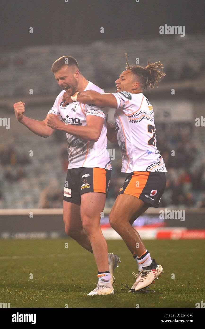 Mack Hansen of the Brumbies celebrates after scoring the winning kick ...