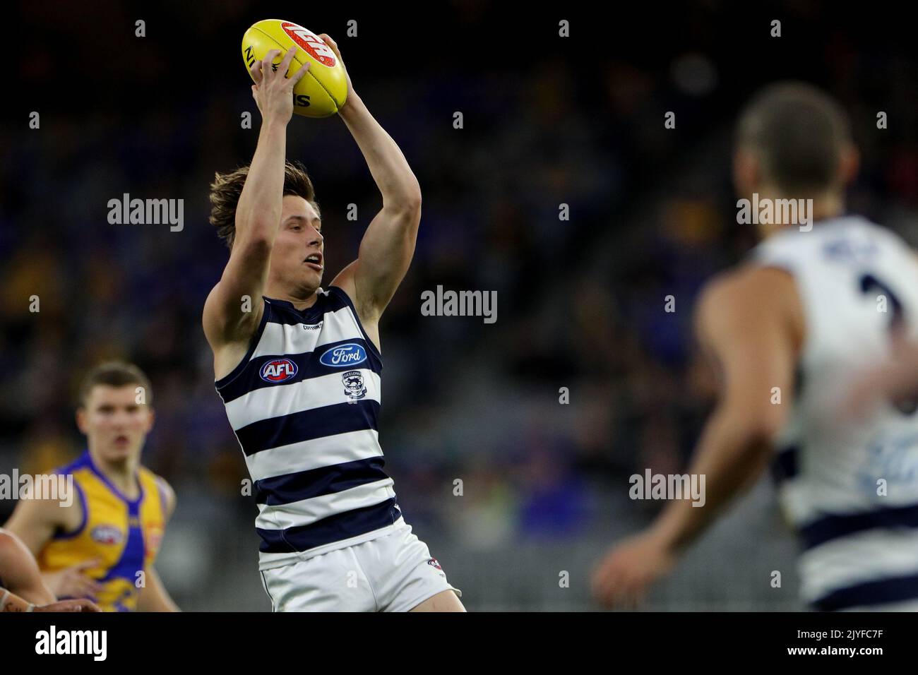 Lachie Fogarty of the Cats marks the ball during the Round 9 AFL match ...