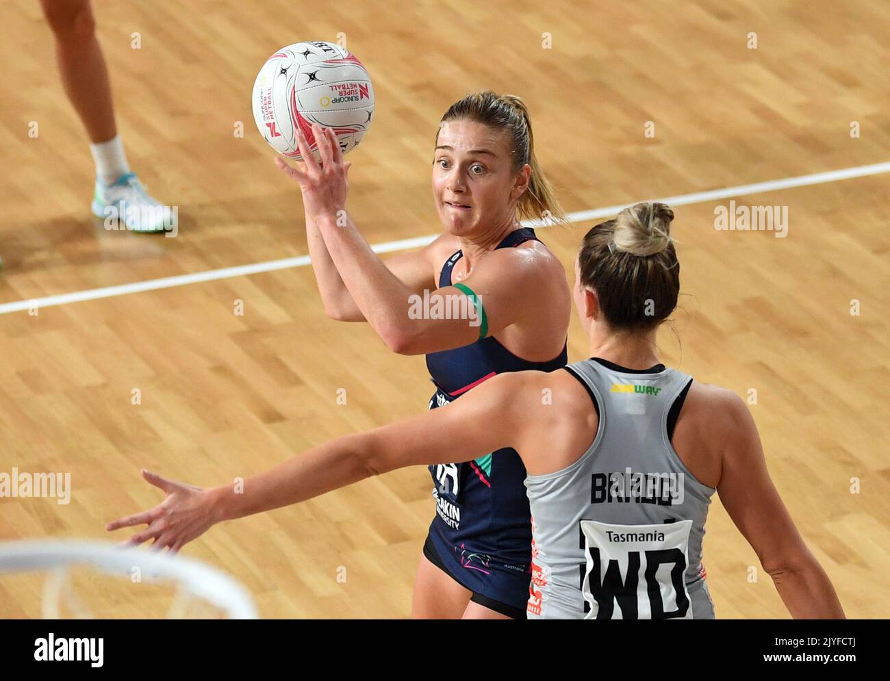 Liz Watson of the Vixens in action during the Round 1 Super Netball ...