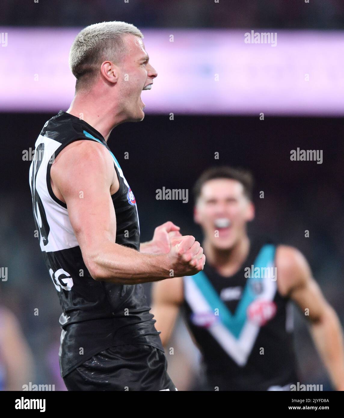 Peter Ladhams of the Power celebrates a goal during the Round 10 AFL ...