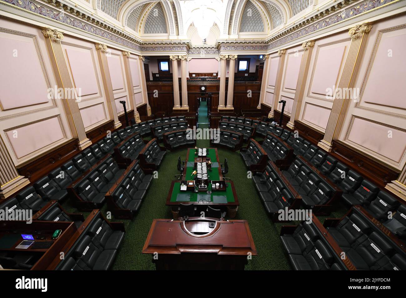 An empty Legislative Assembly is seen at Victorian State Parliament in ...