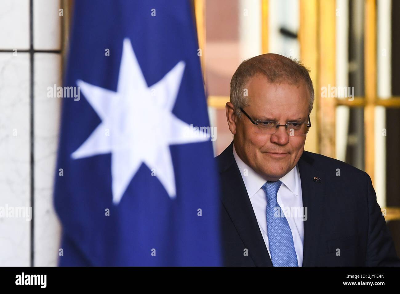 Australian Prime Minister Scott Morrison arrives to speak to the media ...
