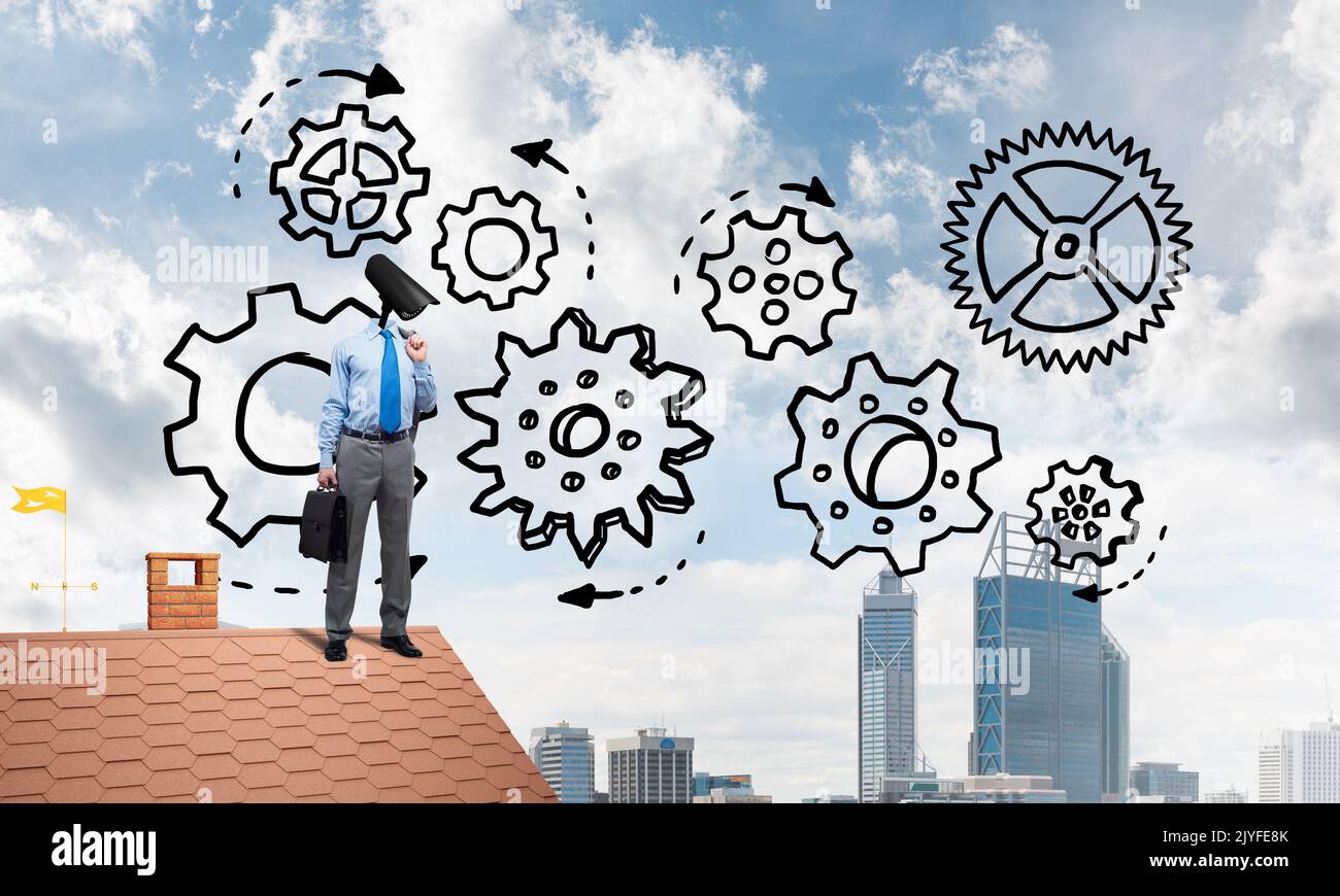 Concept of home security and privacy protection with camera headed man ...