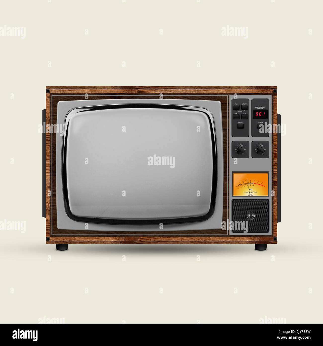 Fictional, created model of retro tv set with blank grey screen ...