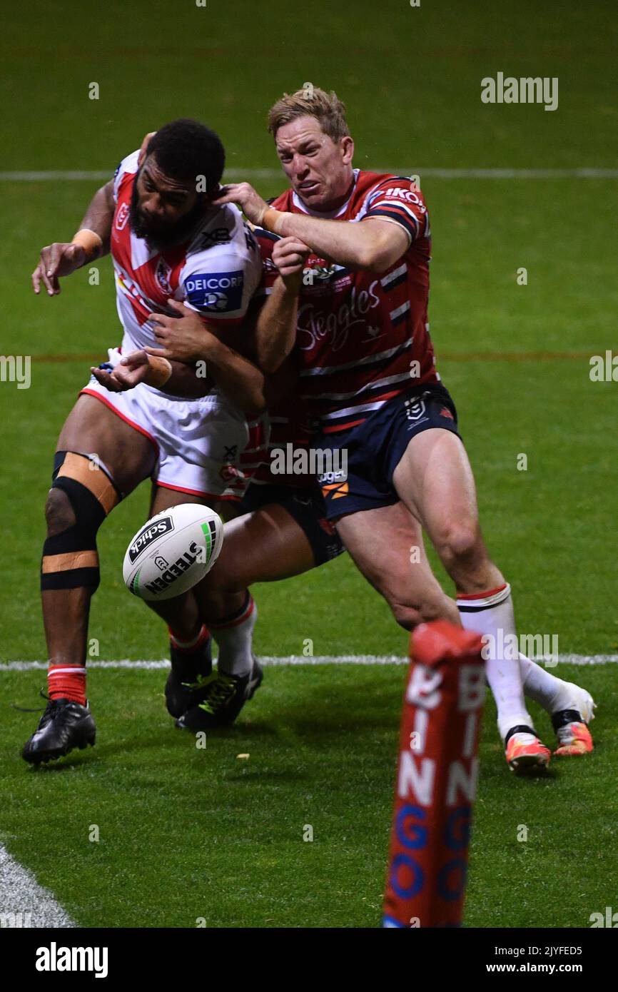 Dragons Mikaele Ravalawa puts a kick through during the Round 13 NRL ...