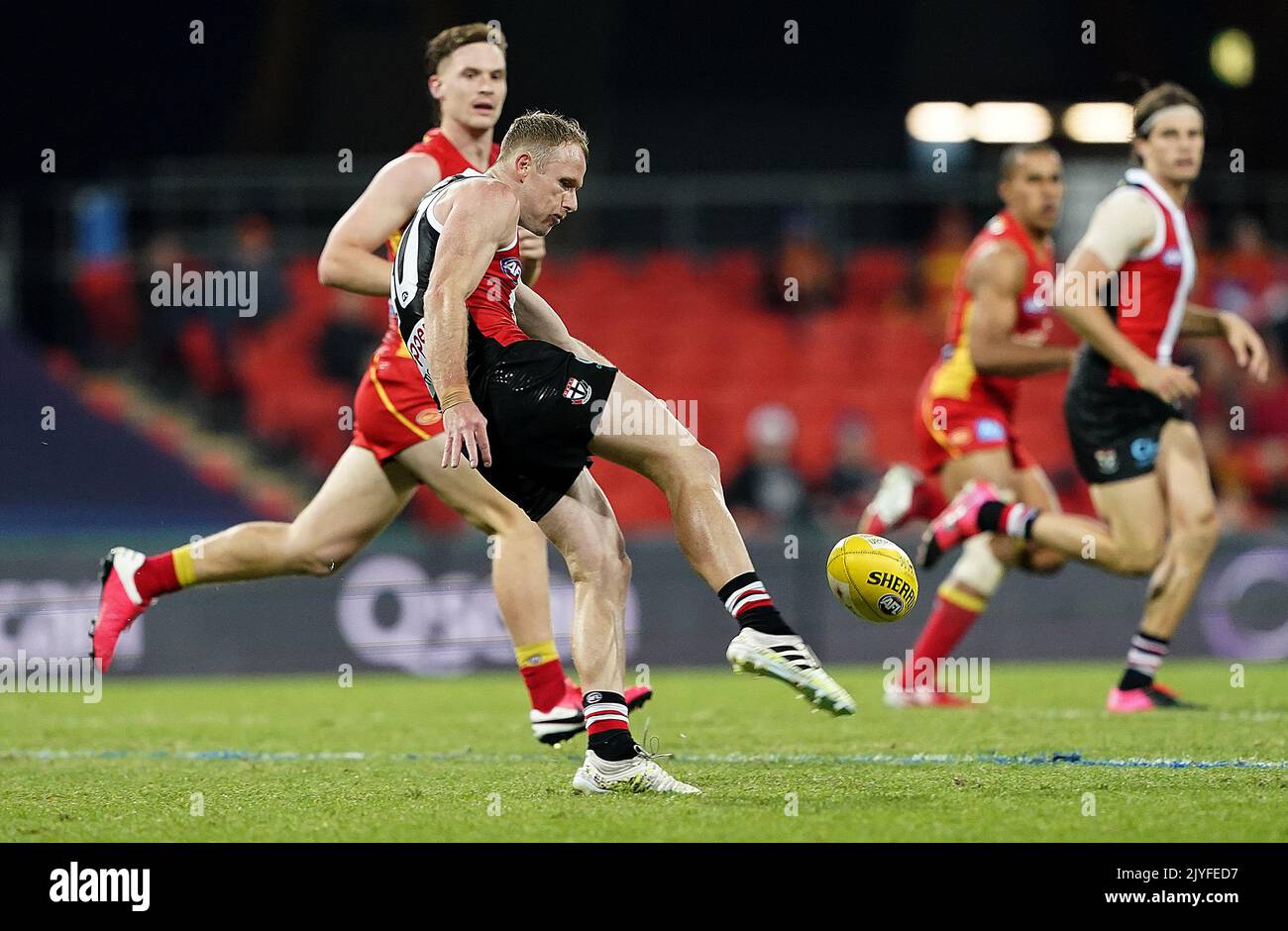 Nick Hind of the Saints kicks during the Round 10 AFL match between the ...