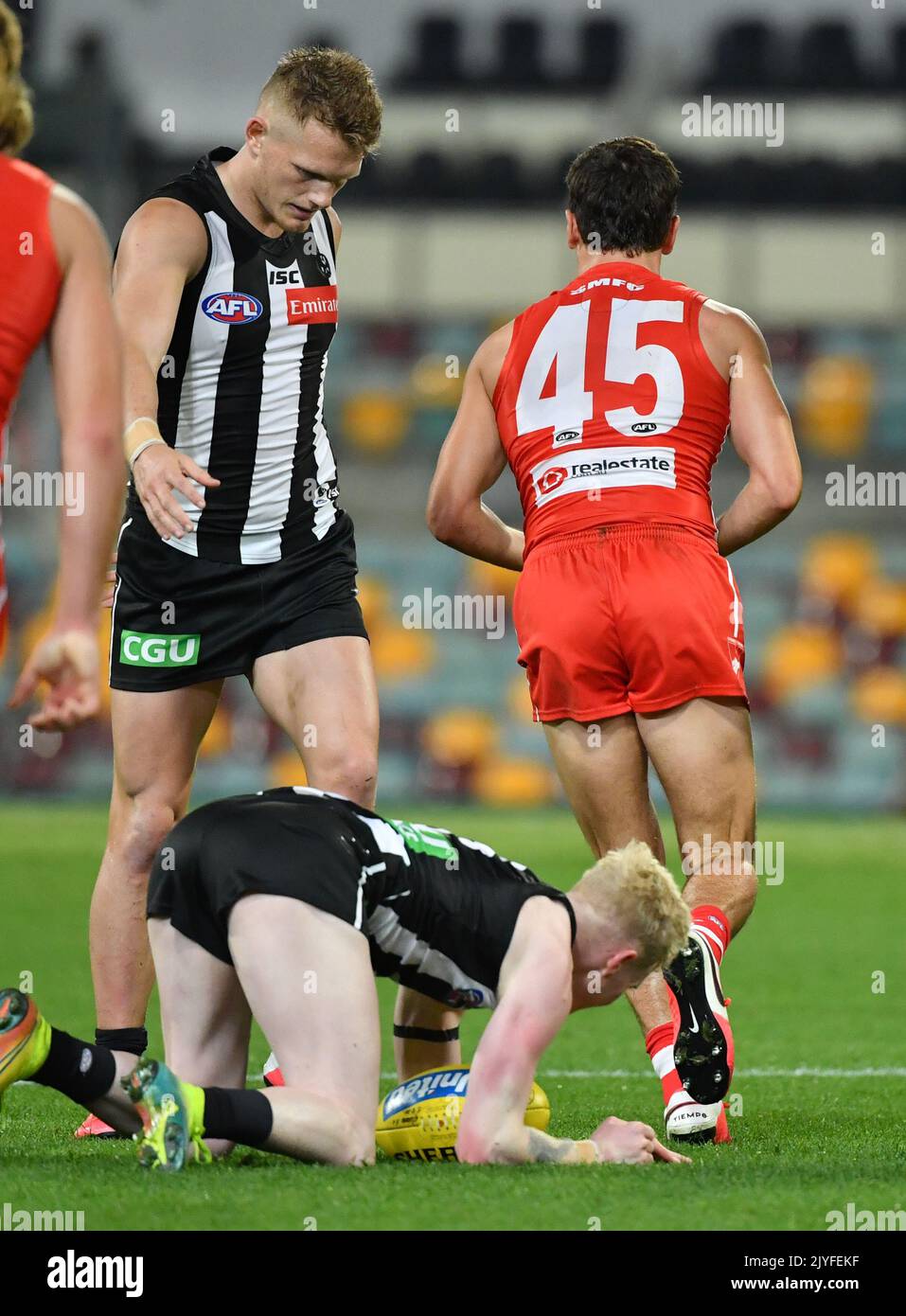 Sam Wicks (right) of the Swans is seen during the Round 10 AFL match ...