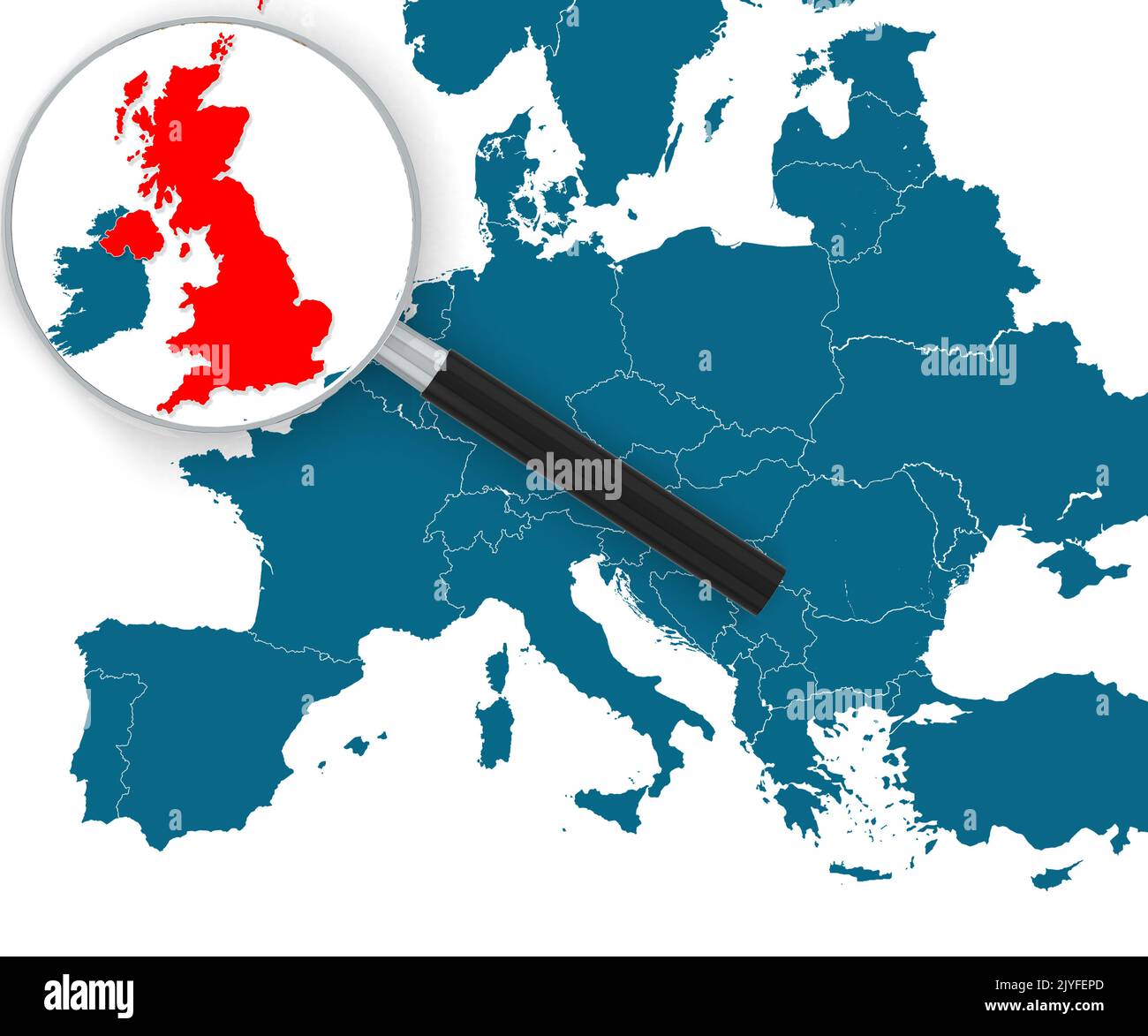 Magnifying glass pointing at United Kingdom map. 3d rendering Stock ...