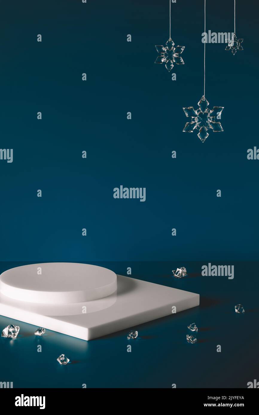 white podium and Christmas snowflakes on blue background Stock Photo ...