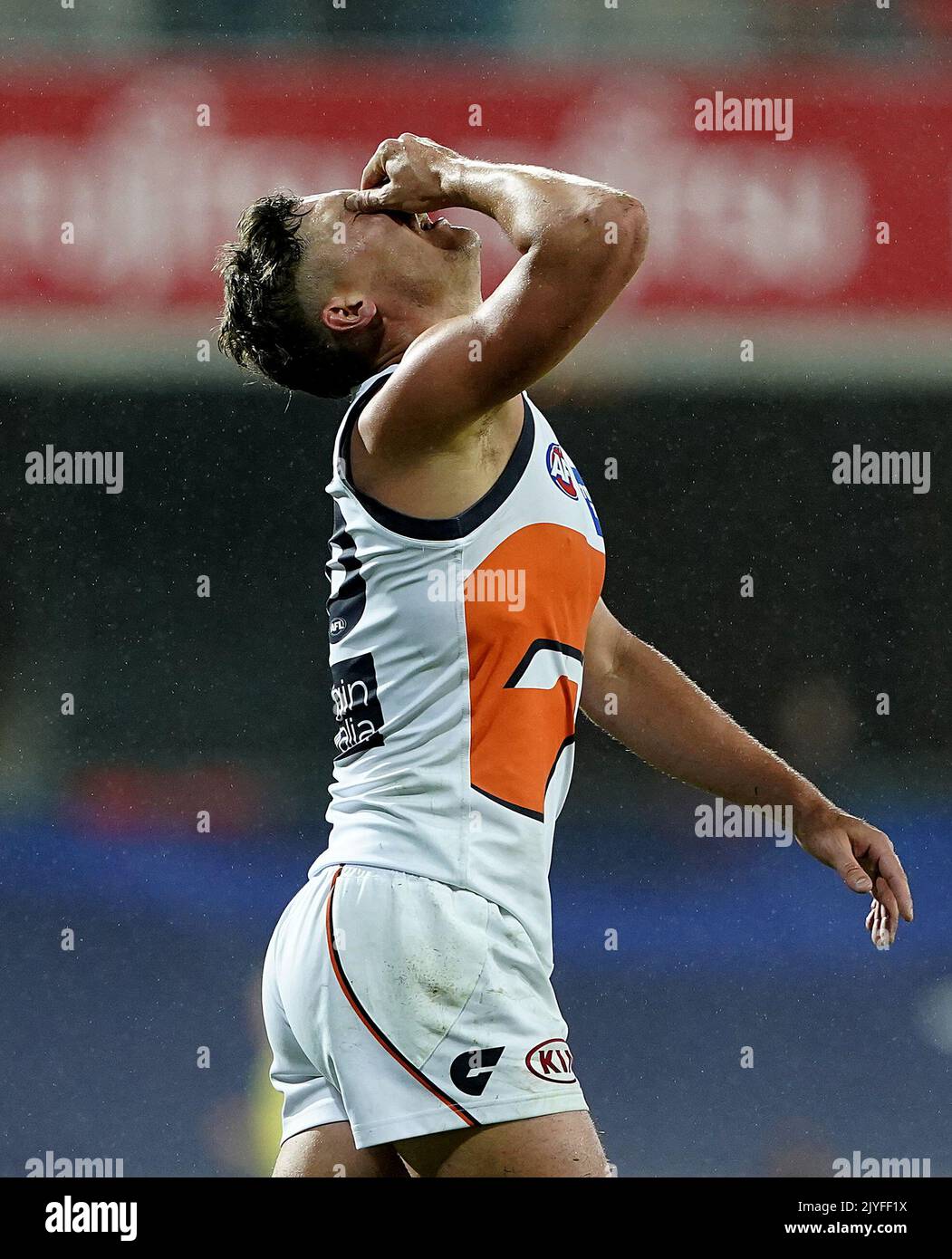Harry Perryman of the Giants reacts during the Round 10 AFL match ...