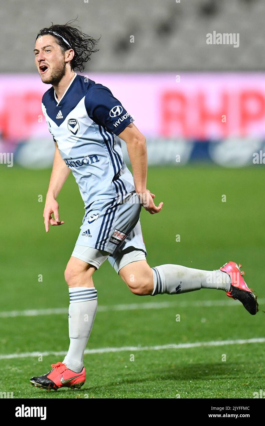 Marco Rojas of the Victory celebrates his goal during the Round 25 A ...