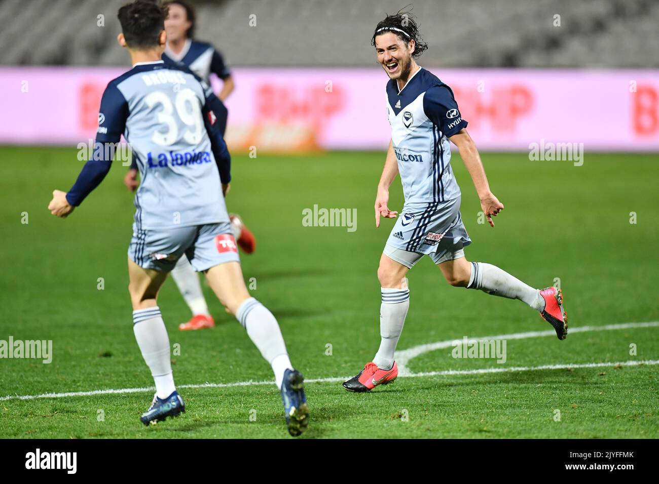 Marco Rojas of the Victory celebrates his goal during the Round 25 A ...