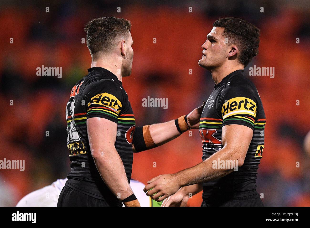 Liam Martin and Nathan Cleary of the Panthers react following a bunker ...