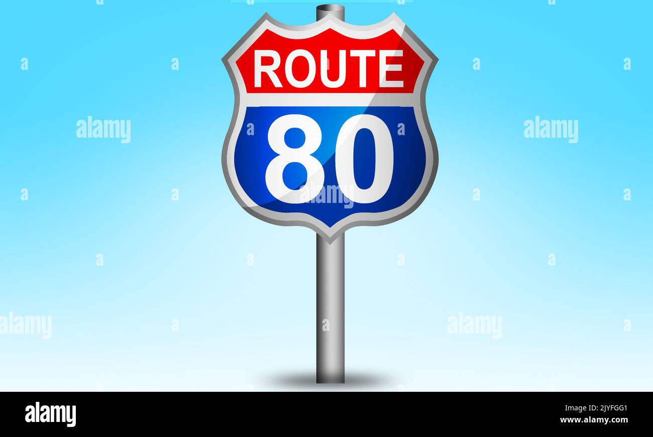 Vintage USA route 80 road sign with post , 3d rendering Stock Photo - Alamy