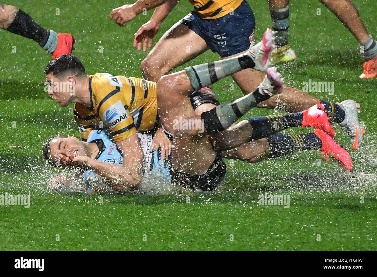 Sharks Wade Graham is tackled without the ball during the Round 13 NRL ...