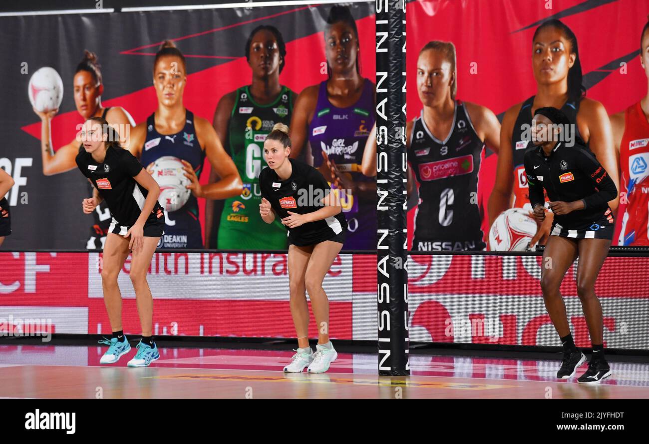 Magpies players are seen warming up before the round 3 Super Netball ...