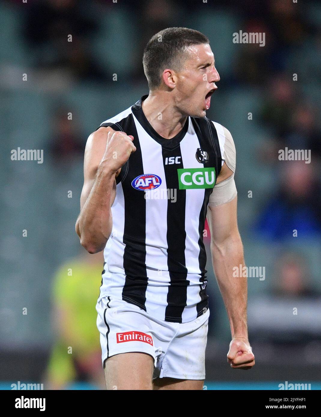 Darcy Cameron of the Magpies reacts after scoring a goal during the ...