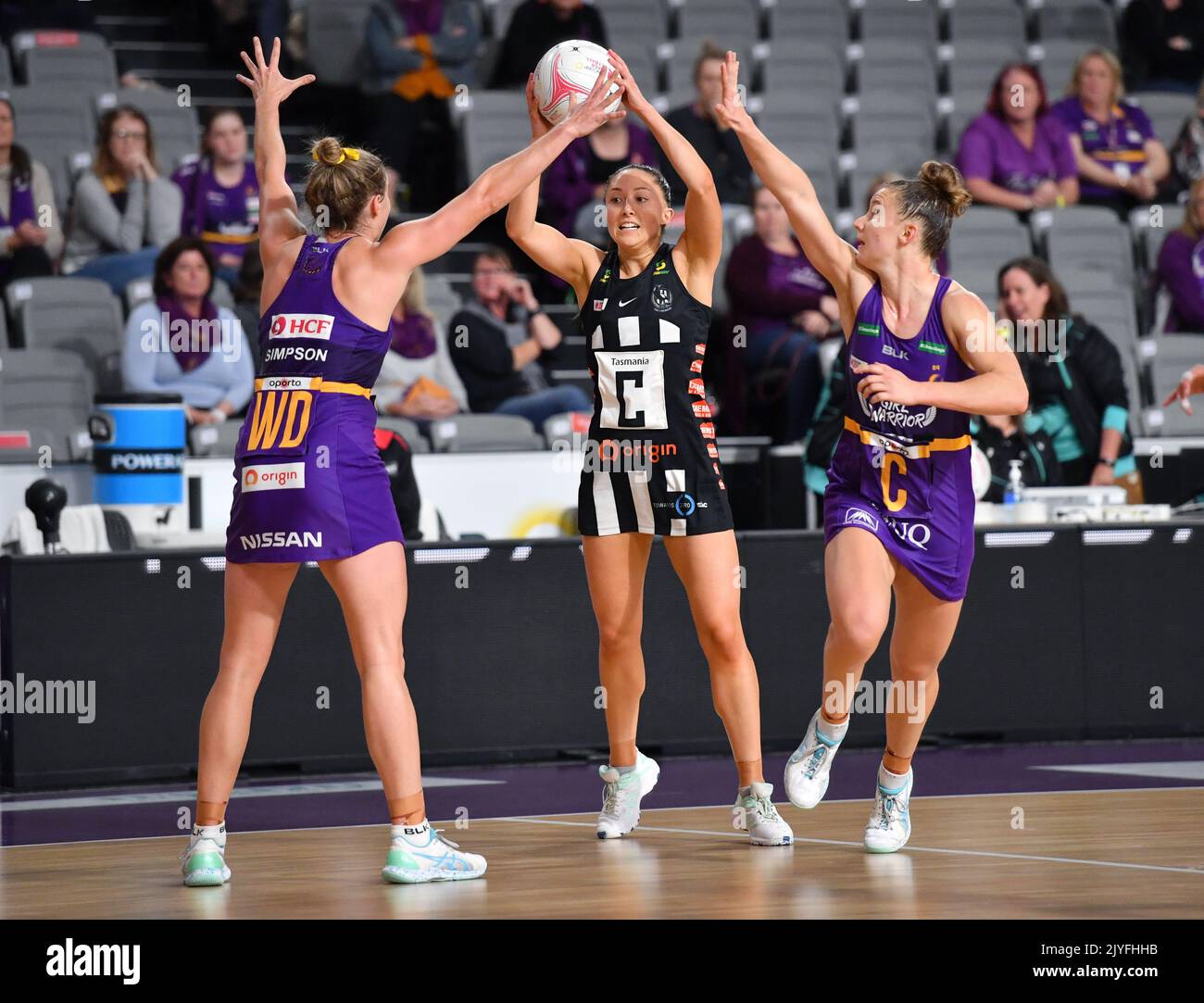Molly Jovic (centre) of the Magpies in action against Gabi Simpson ...