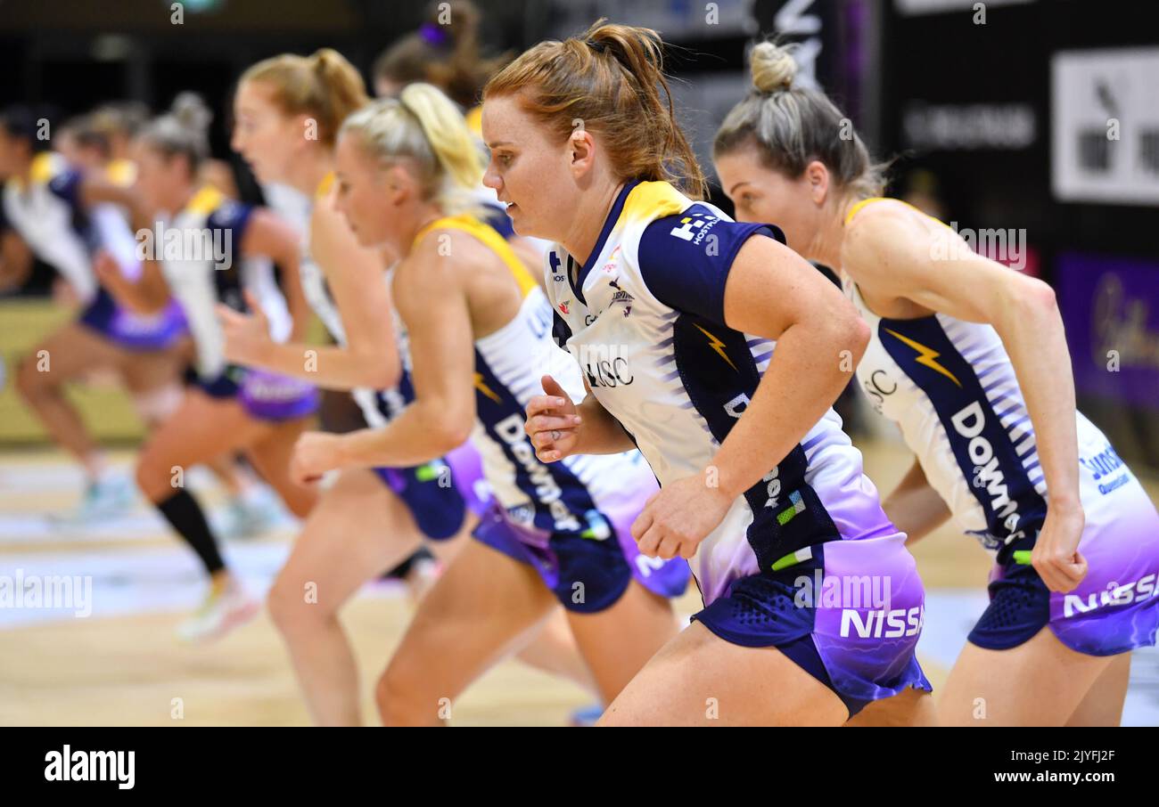 Stephanie Wood of the Lightning is seen warming up before the Round 3 ...